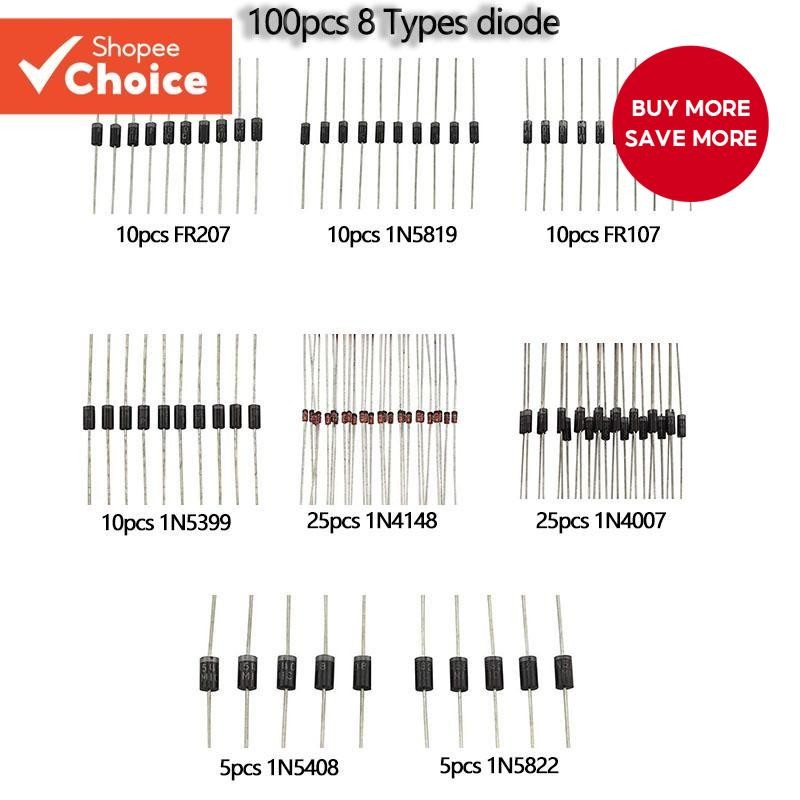 100pcs Diode Assorted Kit 8 Values DIY Electronic Components Diode ...