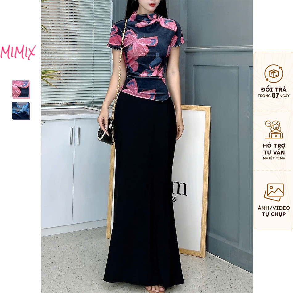 MIMIX Women's Set 4C Velvet Shirt with Butterfly Print and Long Plain ...