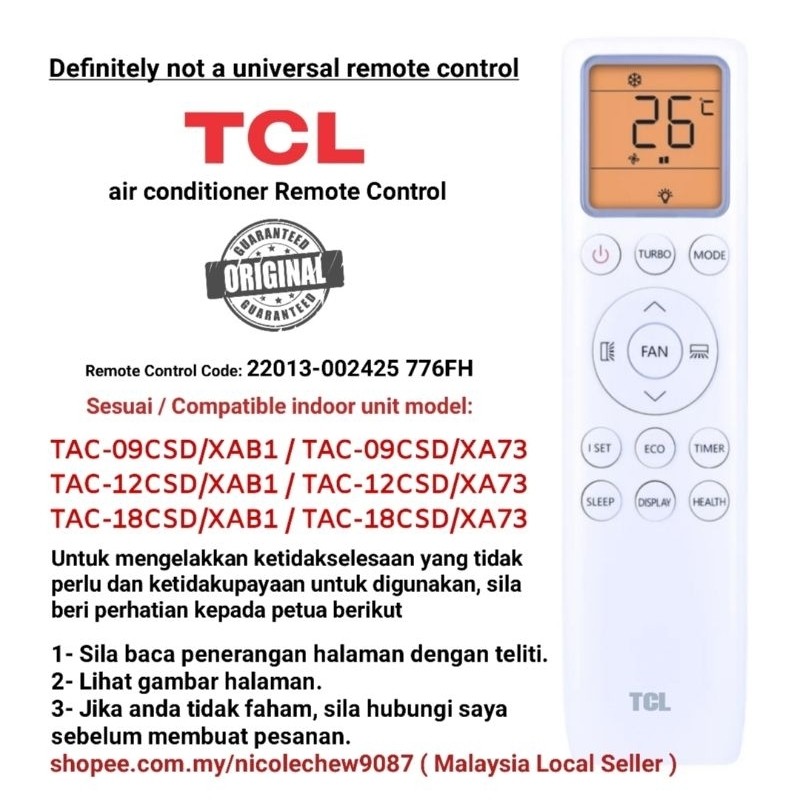 TCL air Conditioner Remote Control 22013-002425 776FH Suitable TAC ...
