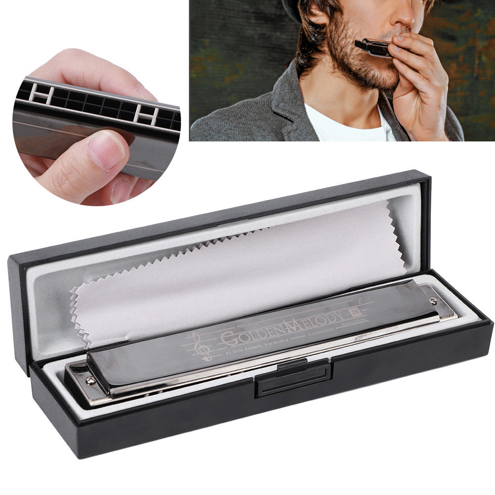 24 Hole Tremolo Harmonica Bright Black Musical Instrument C Key ...