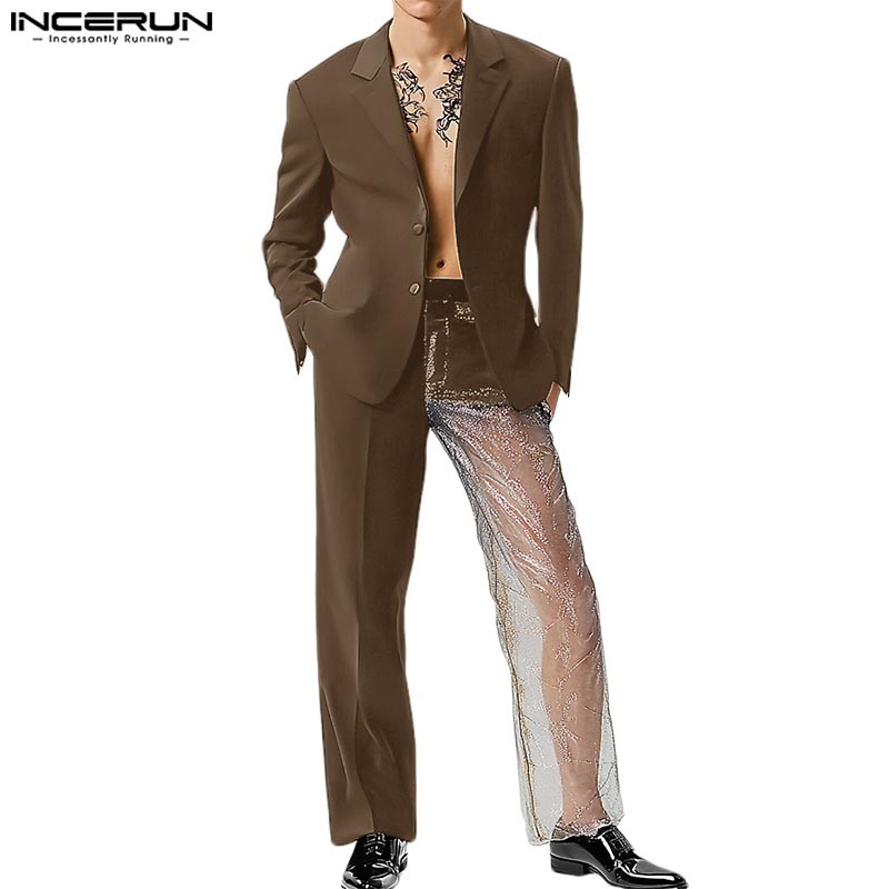 INCERUN Men Vintage Long Sleeve Patchwork Sparkling Design Two-Piece ...