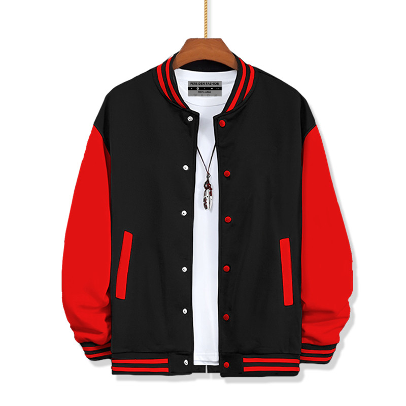 MERAH Unisexx Plain Black Red Baseball Button Men's Varsity Jacket ...
