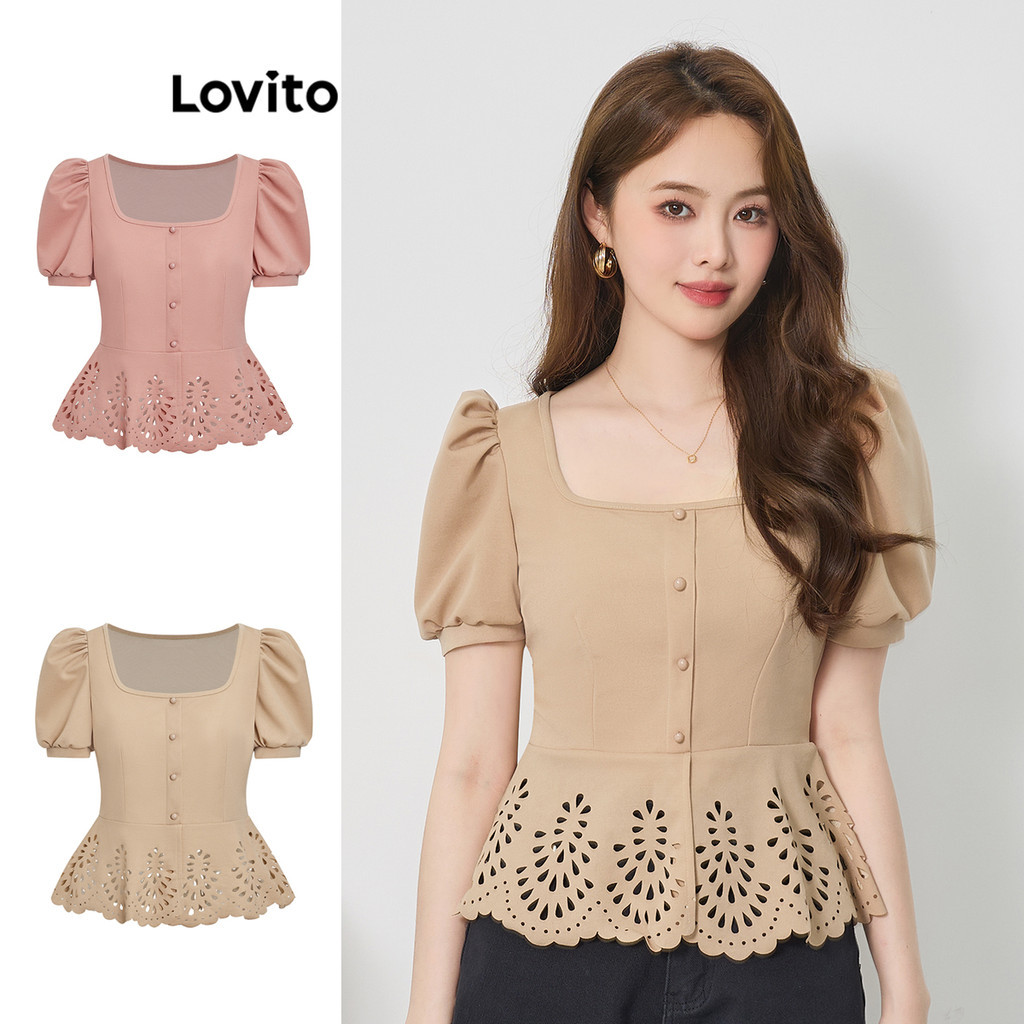 Lovito Elegant Blouse Summer Eyelet Embroidery Button Front Summer ...