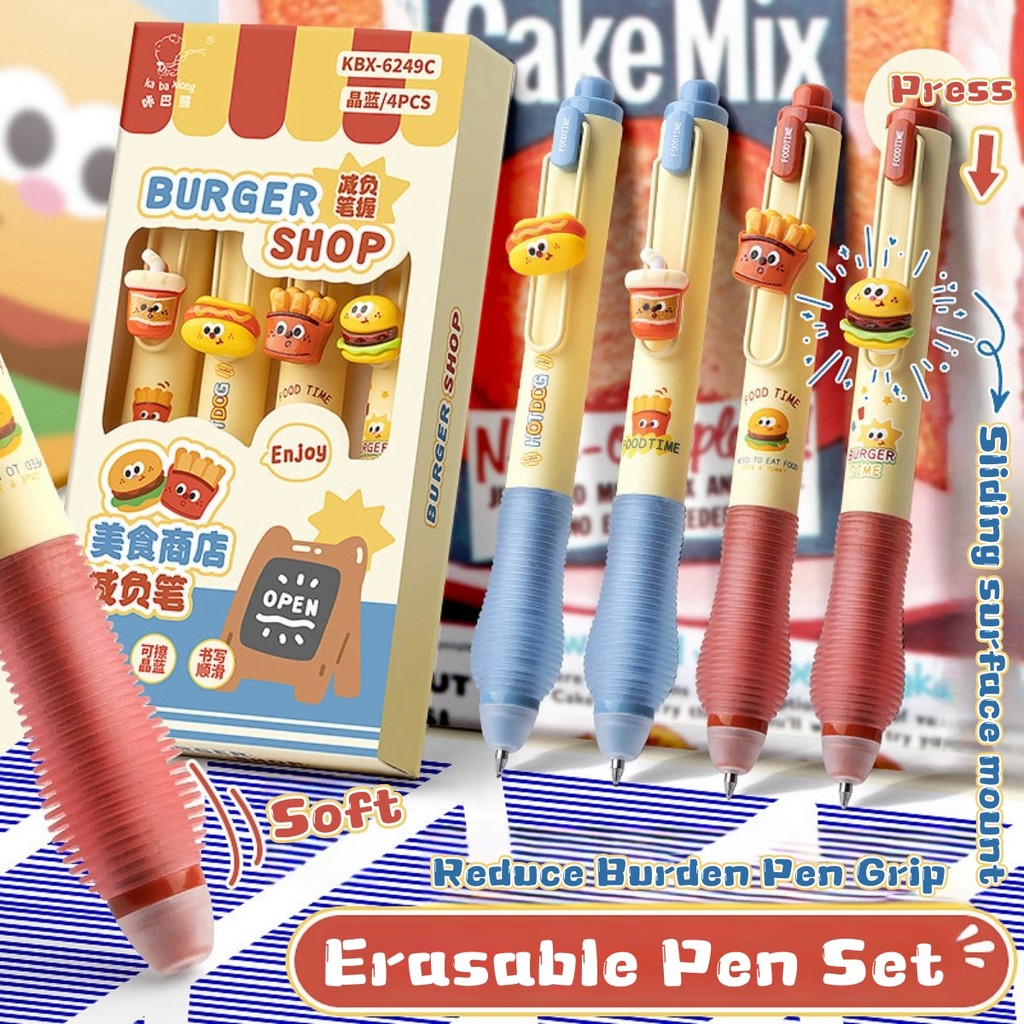4Pcs Cute Erasable Pen Burger Shop 0.5mm Black Ink Front Eraser Soft ...