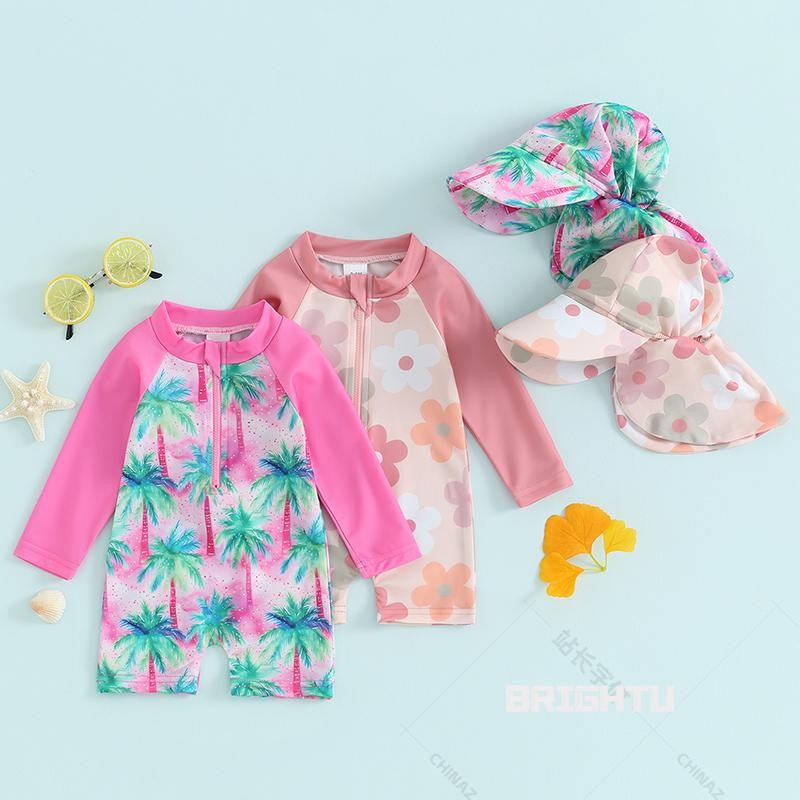 Toddler Girls Beach Swimwear Long Sleeve Floral Print Zip Up Bathing ...