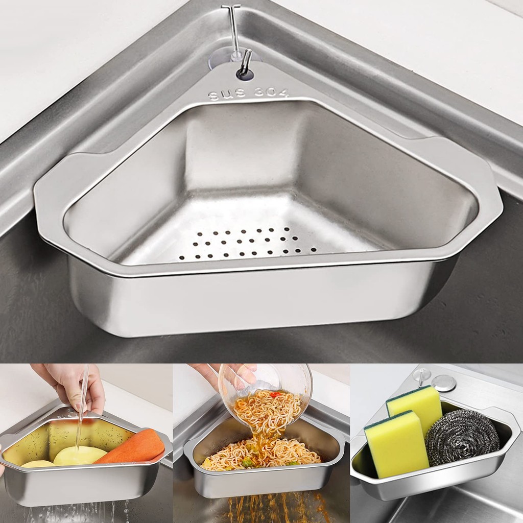 Stainless Steel Triangular Sink Strainer Drain Fruit Drainer Storage ...