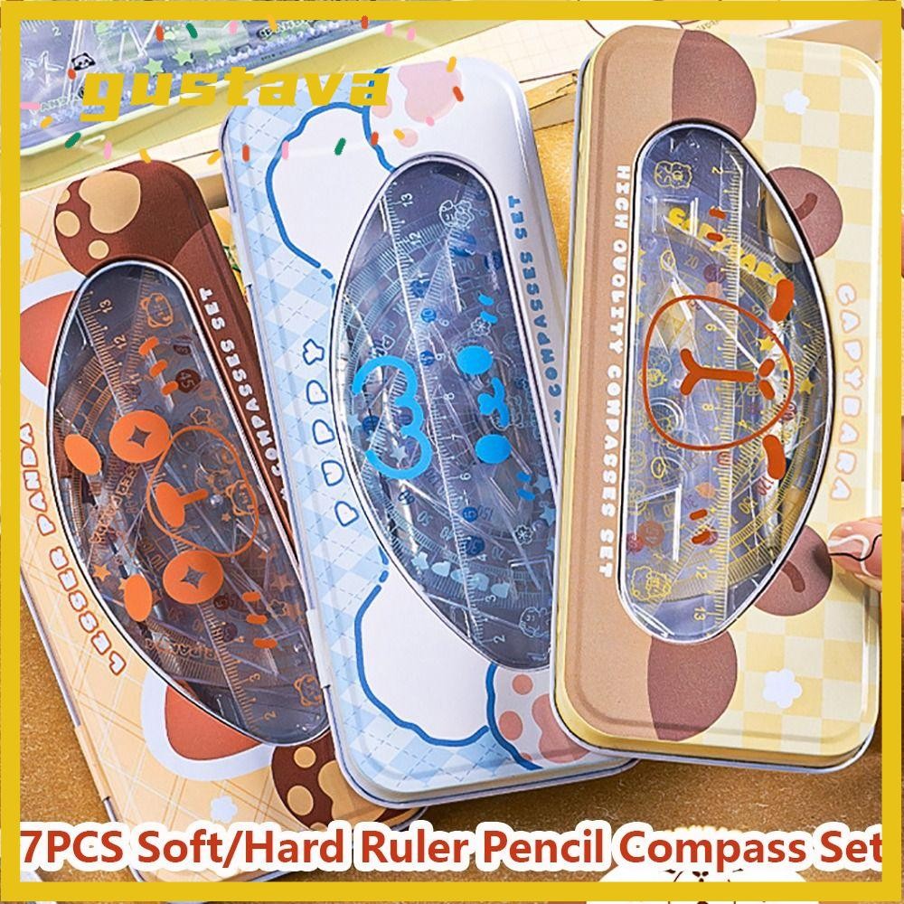 GUSTAVA 7PCS/Set Hard/Soft Ruler Set, Capybara Plastic Pencil Compass ...