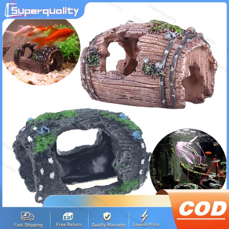 Aquarium Broken Barrel Decorations Betta Fish House Cave Resin Broken ...