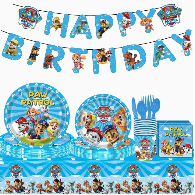 Paw Patrol Blue themed birthday party, cartoon characters, flag banners ...