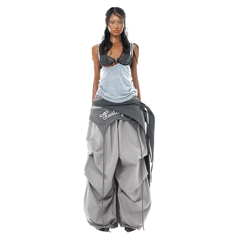 Klalien Trousers High Waist Irregular Ribbon Loose Fit Version Skinny ...