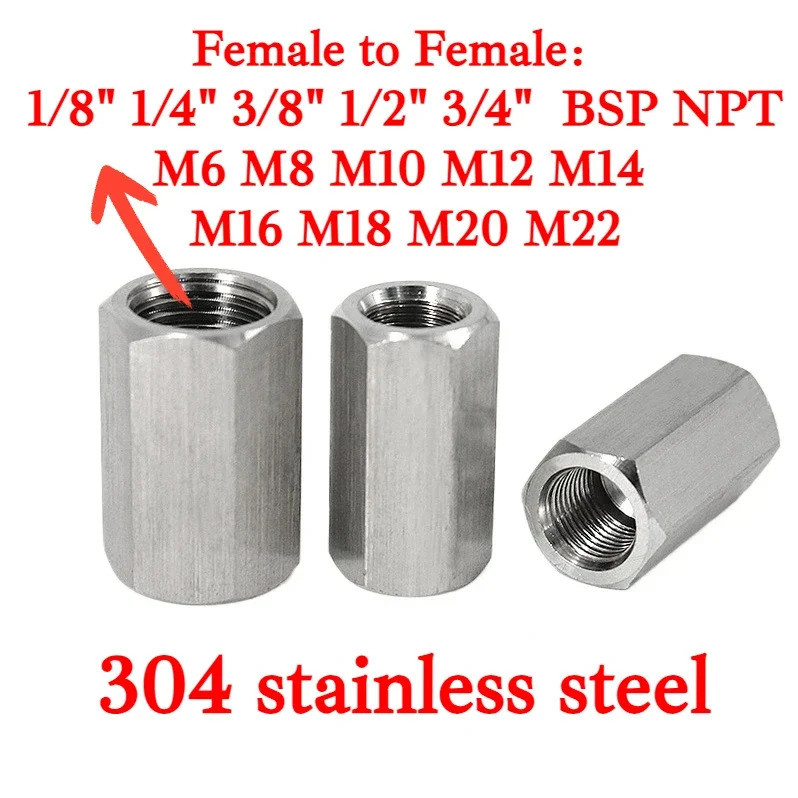 M4–M20 1/8"–1" BSP/NPT Female Hex Coupling Reducer 304 Stainless Steel ...