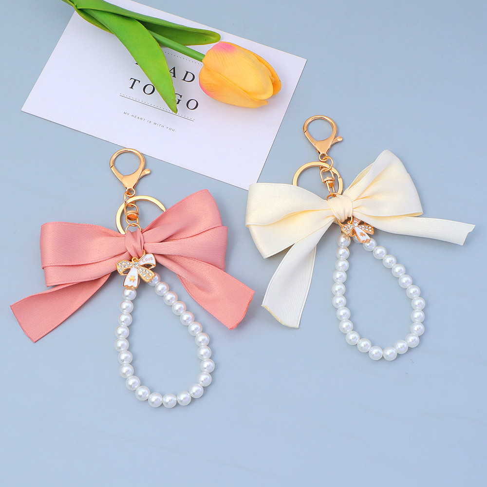 Exquisite Faux Pearl Beaded Rhinestone Keychain Solid Color Ribbon ...