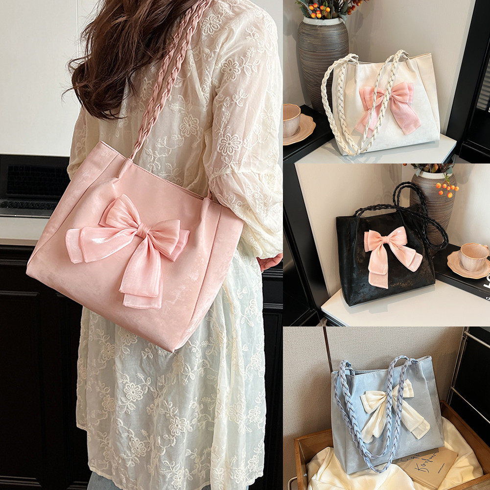 Bow Contrast Shoulder Bag Women Casual Plain Bow Ribbon Braided Tape ...