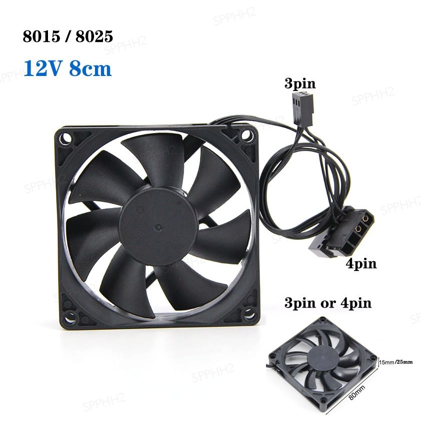 8cm 8015 8025 DC 12v 3pin or big 4pin Brushless Computer Cooling Fan ...