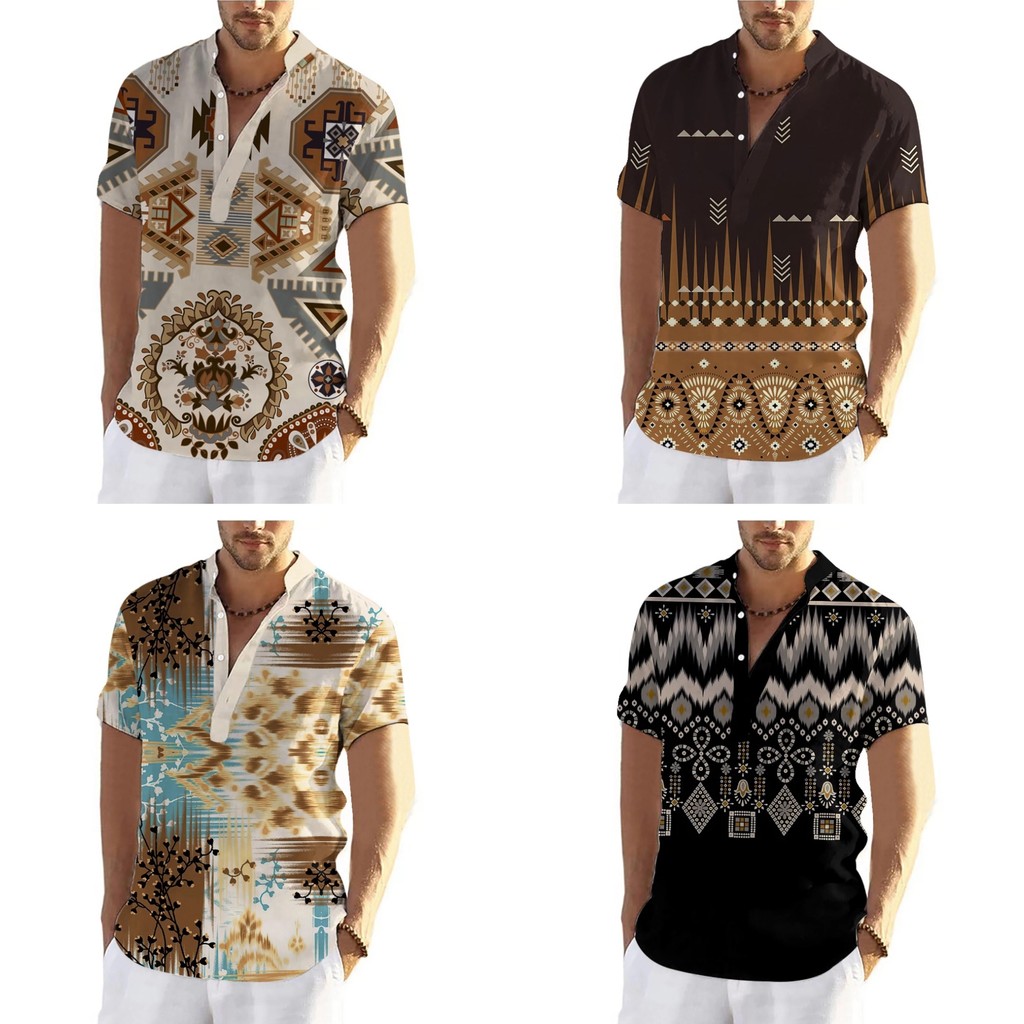 2025 Filipino Ethnic Style/tribal Stand-up Collar Short-sleeved Tops ...