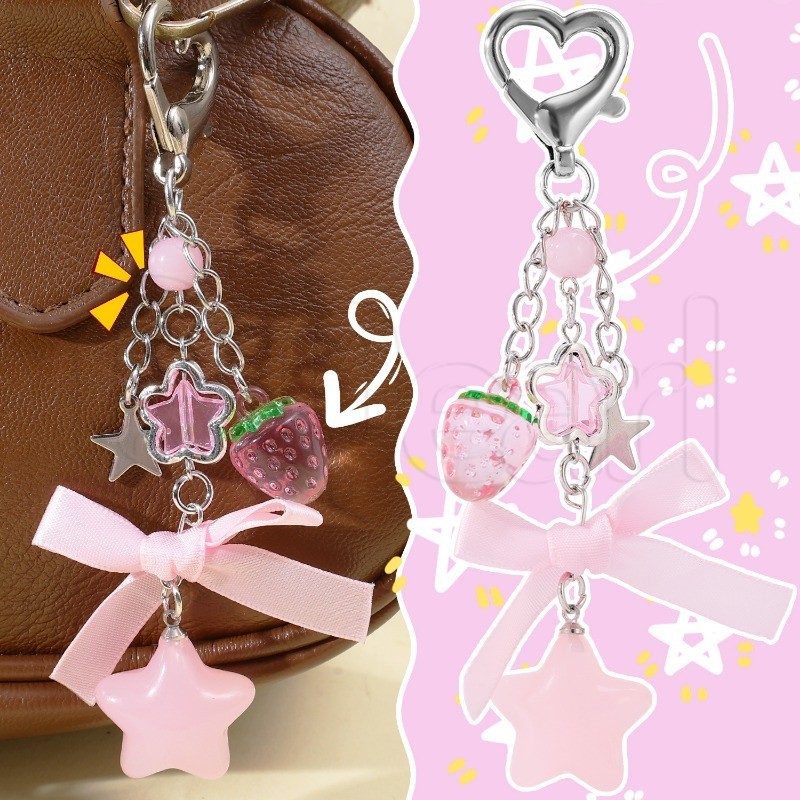 Strawberry Bow Keychain - Cute Star Phone Chain - Pink Bownot Bag ...
