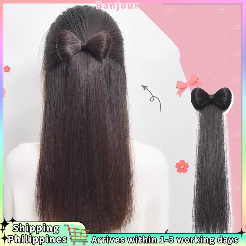 Women Natural Bow Half-tied Straight Ponytail Wig Clip-style Bun Fake ...