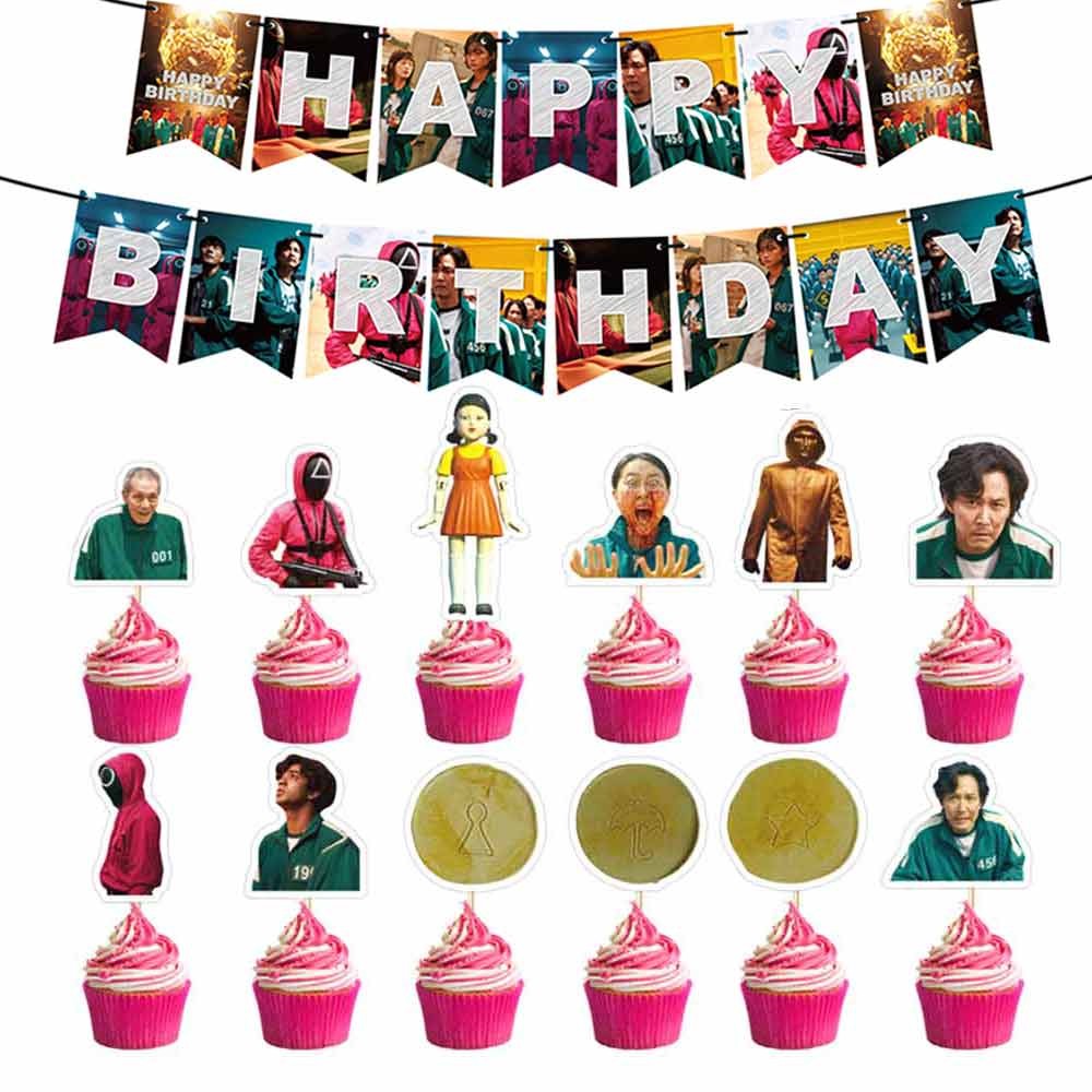 Squid Game Happy Birthday Kids Cartoon Theme Party Balloons Backdrop ...