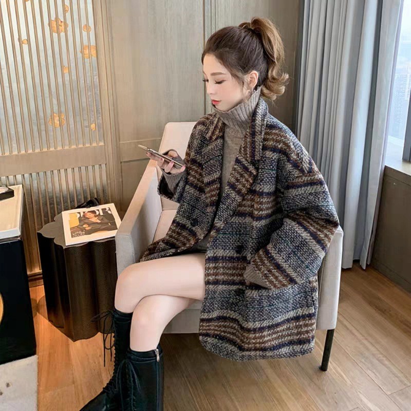 Coffee Color Suit Coat Women 2024 Autumn Winter Popular Small Lattice ...
