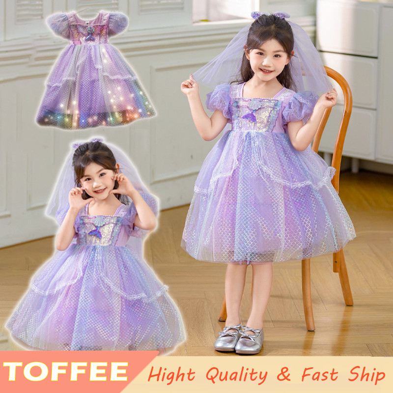 Mermaid Princess Dress For Kids Girl Ariel Purple Sequined Glowing Gown ...