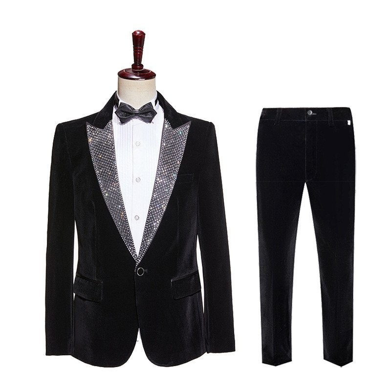 [Senior Suit]Men's Black Velveteen Rhinestone Shiny Nightclub Stage ...