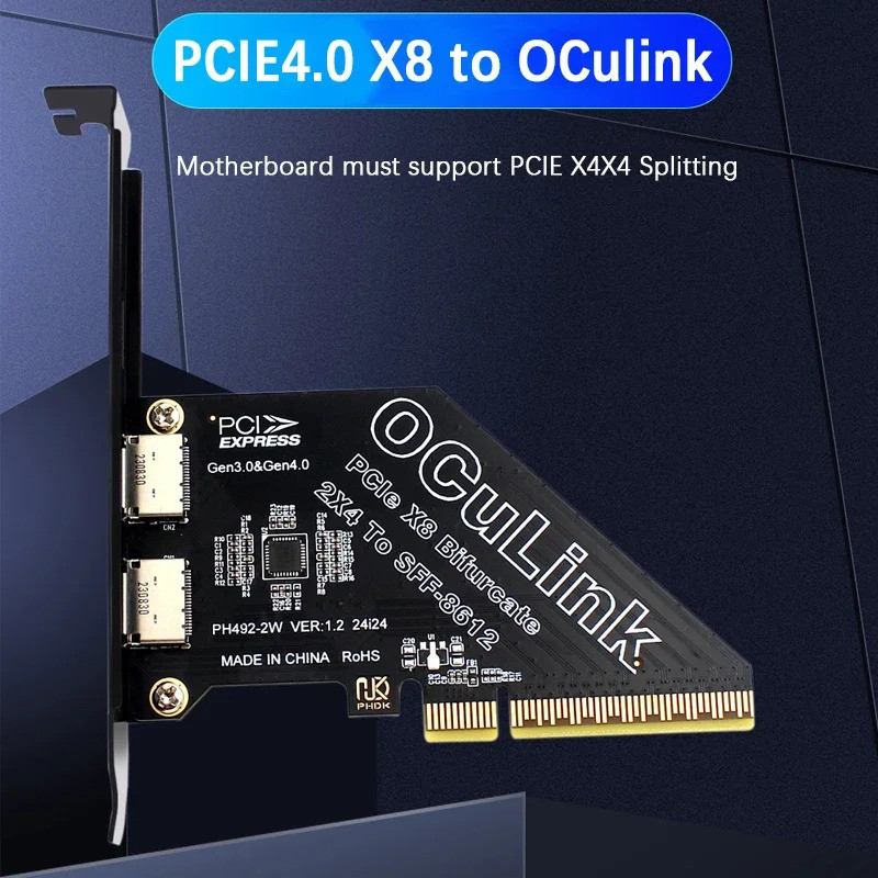 Oculink Riser Bifurcate Card PCI Express 8X GEN 4 to 2 Ports SFF-8612 ...