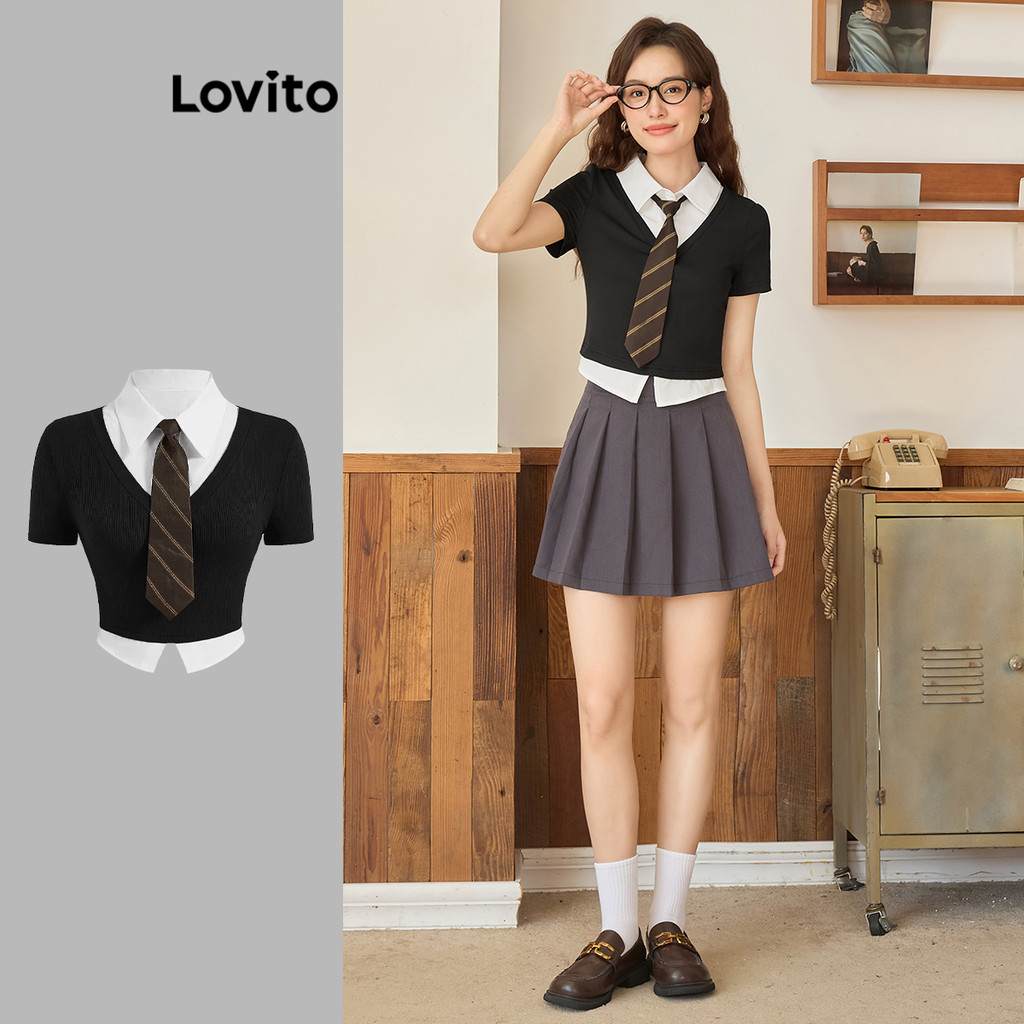 Lovito Women Preppy Plain Tie Neck Fake 2 In 1 Blouse L108ED892 ...