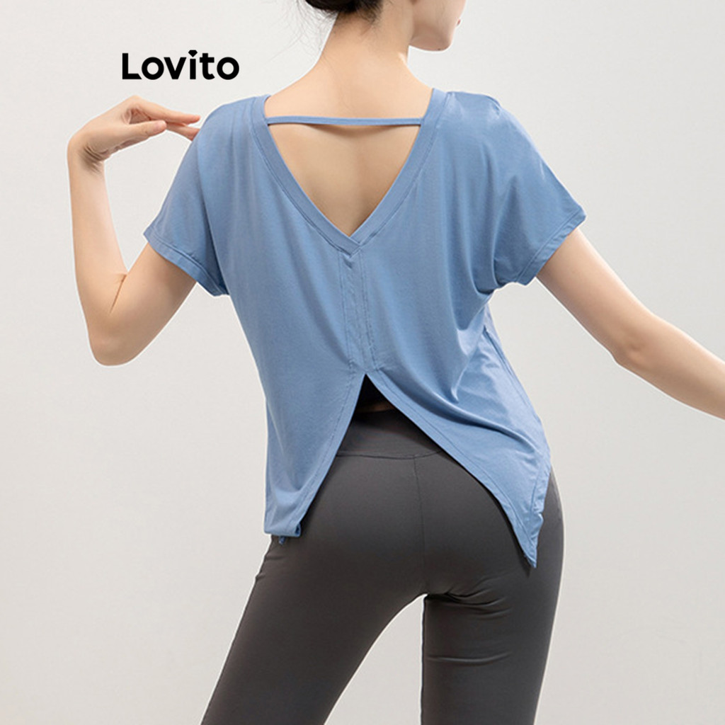 Lovito Women Sporty Plain Backless Sports T-Shirt LNL59286 | Shopee ...