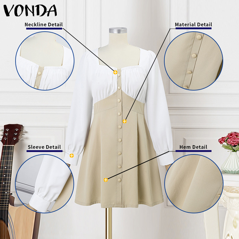 VONDA Women Korean Casual Contrast Color Square Neck Puff Sleeve Waist ...