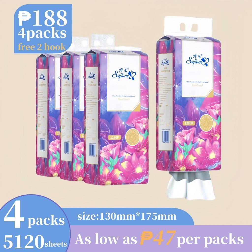 4 packs 1280 Sheets 4Ply Facial Tissue Bathroom Tissue Wall Hanging ...