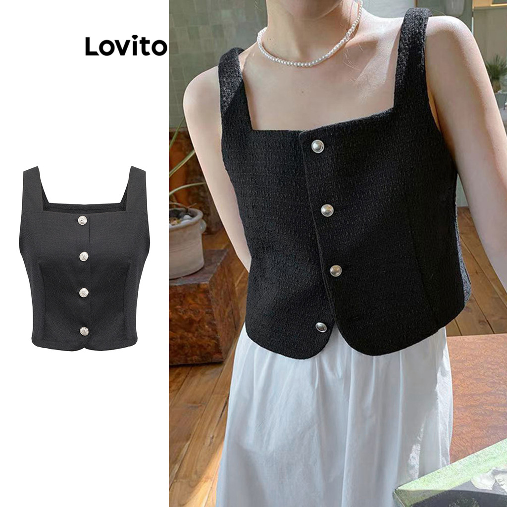 Lovito Women Casual Plain Plicated Button Tank Top L83ED262 | Shopee ...