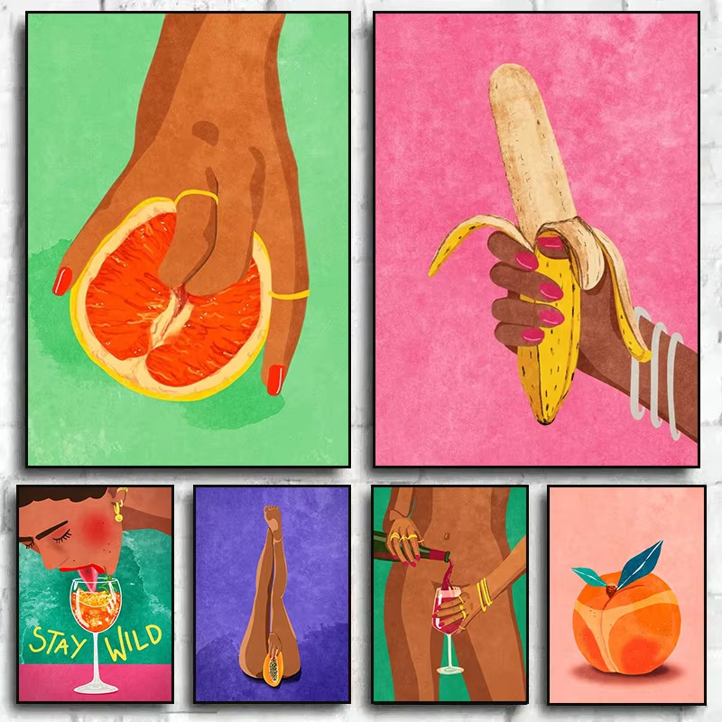 Funny Colorful Woman Body Parts Art Posters Canvas Print Art Red Wine ...