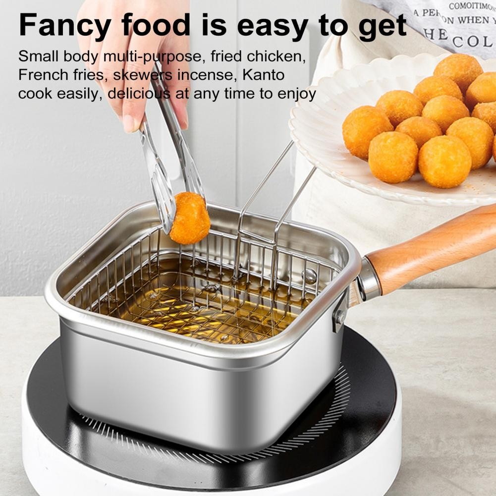 Small Square Frying Pan Portable Stainless Steel Fryer Pot with Wooden ...