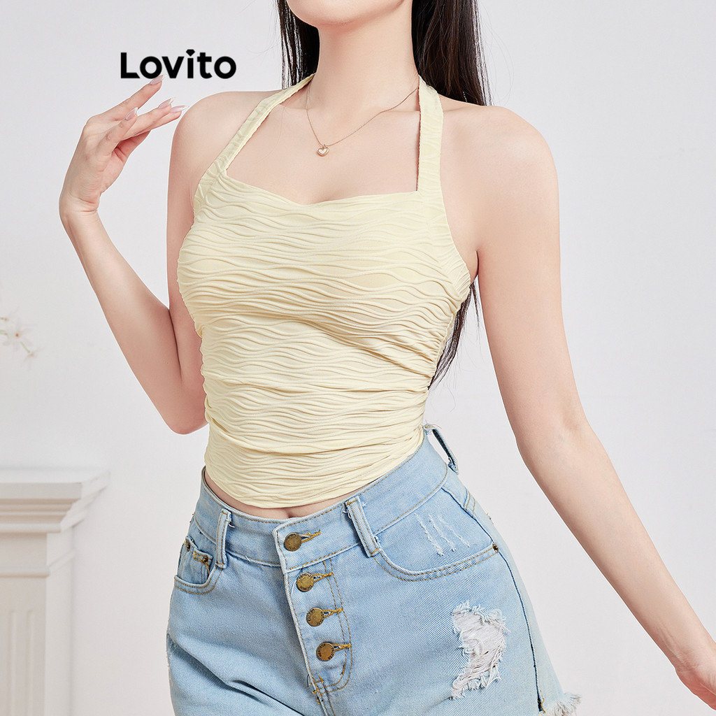 Lovito Women Elegant Plain Backless Tie Back Plicated Tank Top ...