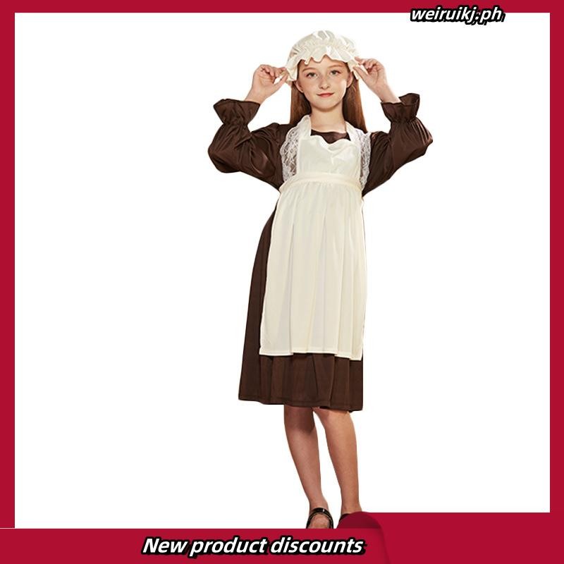 Kids Victorian Maid Costume Cosplay Outfit White Apron Brown Dress for ...