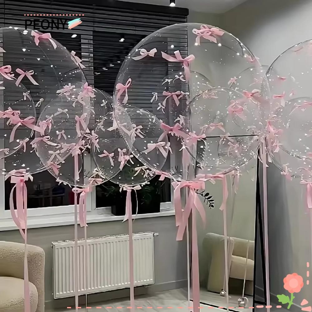 PEONY Pink Bow Balloon, Transparent Ribbon Aluminium Foil Balloon, Ins ...