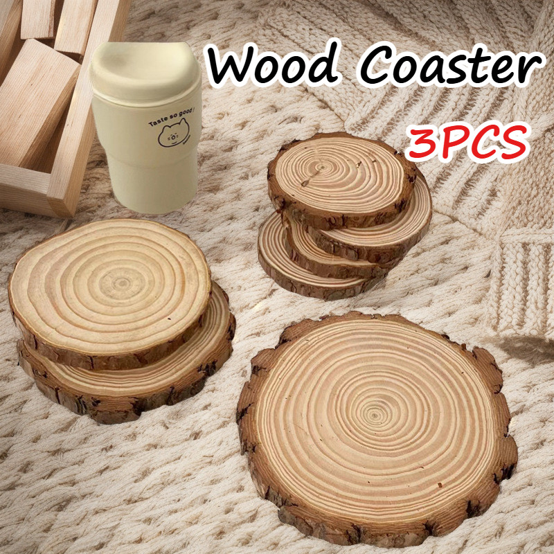 3PCS 10/12CM Natural Acacia Wood Coaster Rustic Round Coaster Set for ...