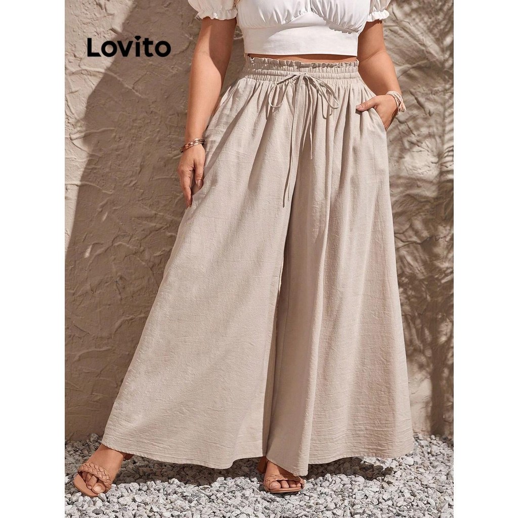 Lovito Women Plus Size Curve Casual Plain Frill Pocket Pants LNE71713 | Shopee Philippines