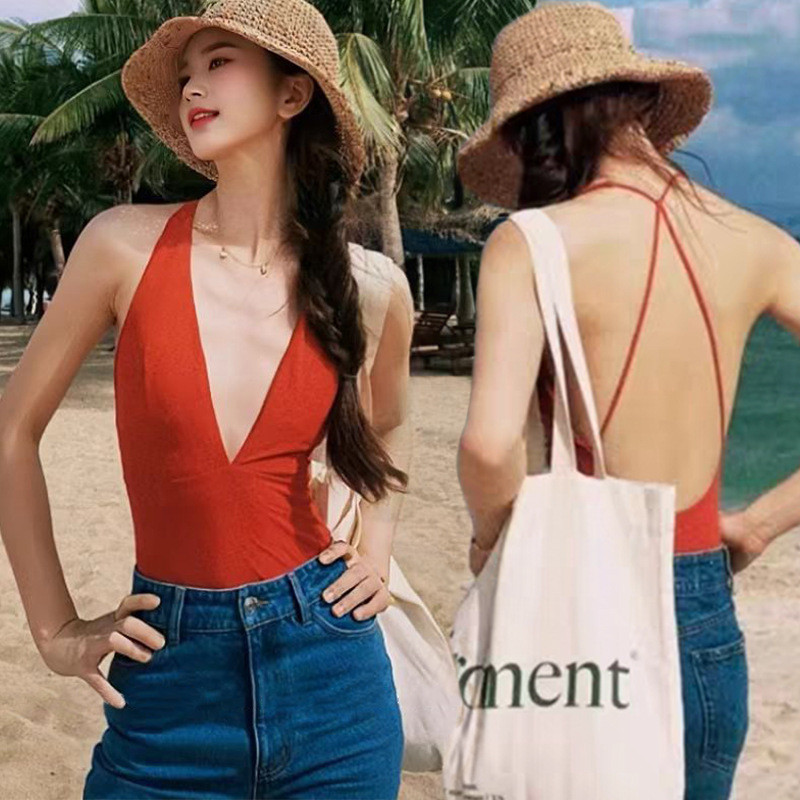 2025 New Swimsuit Female Conjoined ins Retro Sexy Red Deep V Collar ...