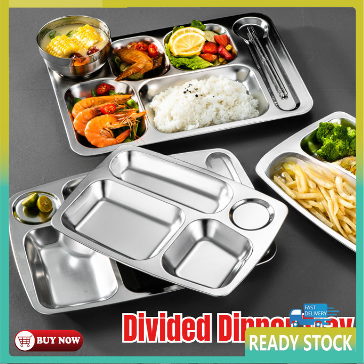 4 Grids Divided Tray Dinner Plates Stainless Steel Divided Dinner Tray ...