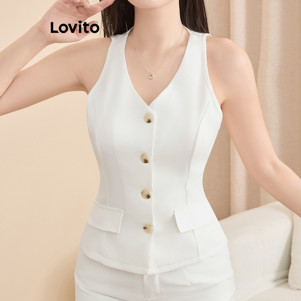Lovito Women Casual Plain Button Tank Top L121AD1285 | Shopee Philippines