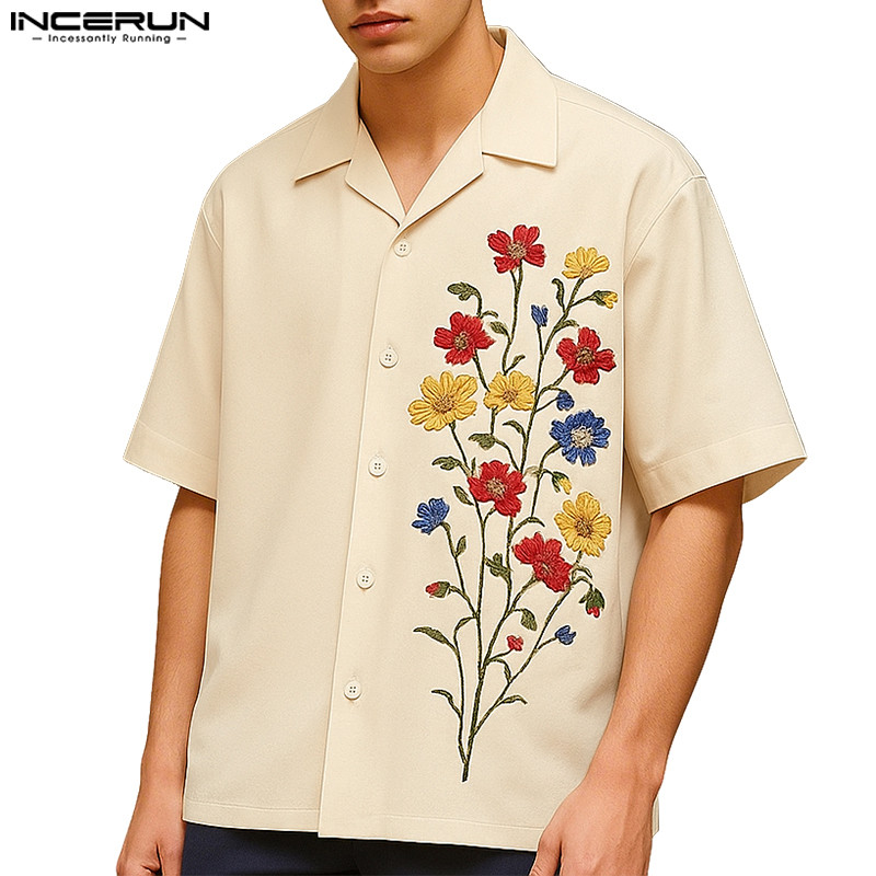 INCERUN Men Vintage Retro Turn-Down-Collar Raglan Sleeve Floral Print ...