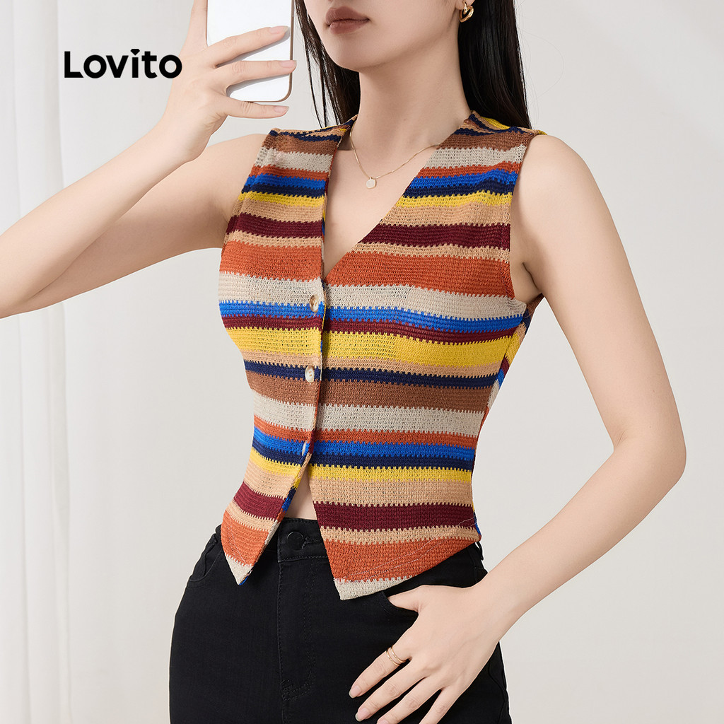 Lovito Women Elegant Striped Button Tank Top L129AD273 | Shopee Philippines