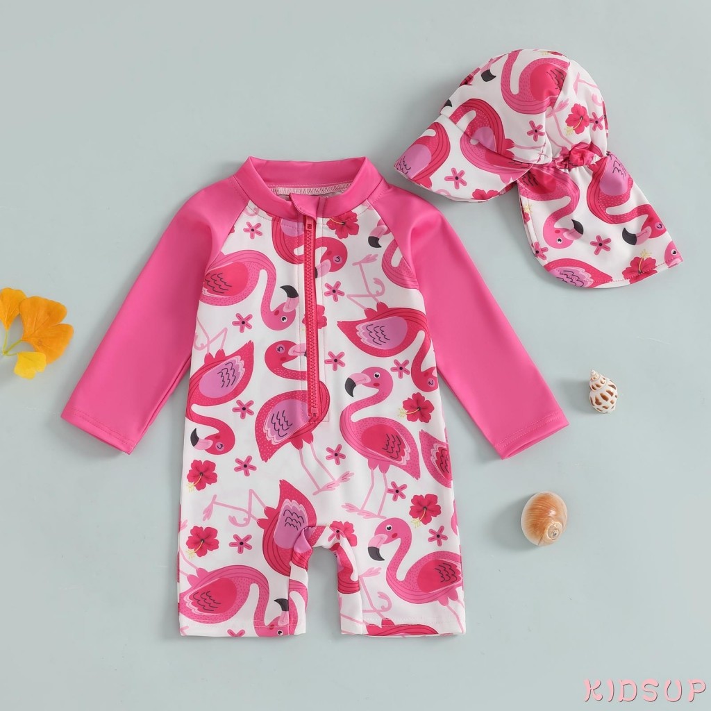 KIDSUP1-Toddler Girl Long Sleeve Swimsuit Flamingo Print Half Zipper Non-Pilling Rash Guard ...