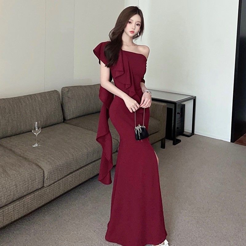 Korean Red Black Off Shoulder Prom Evening Cocktail Long Dress Gown 078 ...