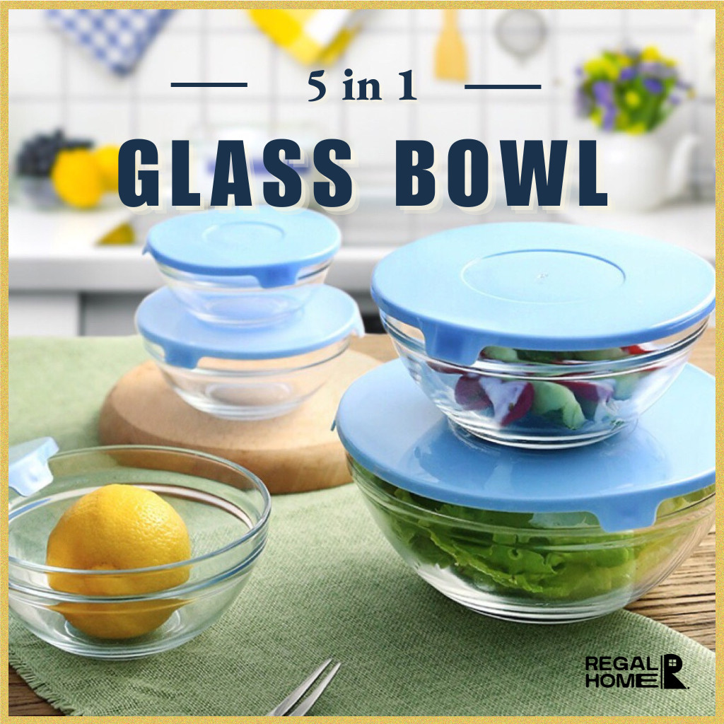 [1 Set] 5 in 1 Glass Tupperware Bowl Storage Glass Bowl 5 sizes All in ...