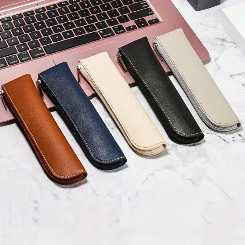 Simple Zipper Pen Holder Leather Pencil Bag Fountain Pen Storage Pouch ...