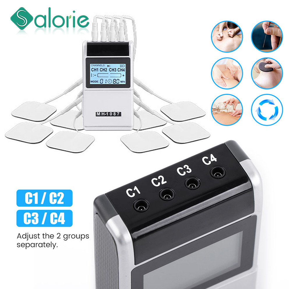 SALORIE Mini TENS EMS Muscle Stimulator Impulse Massager Machine 15 Modes 4 Outputs 8 Pads ...