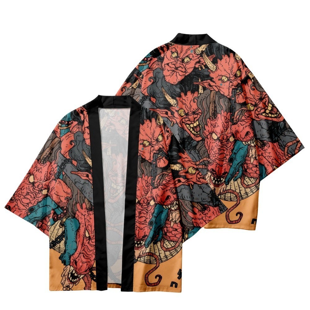 Cartoon Demon Print Traditional Kimono Cardigan Casual Beach Yukata ...