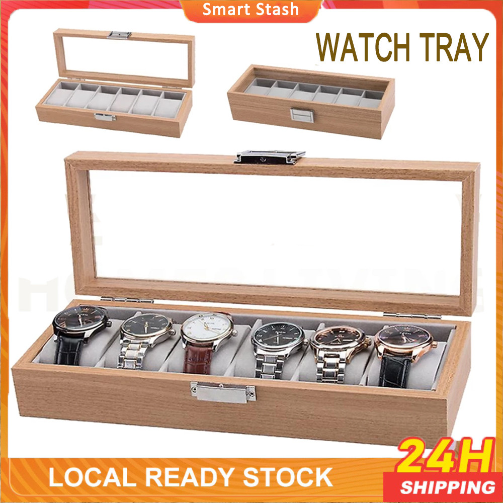 3/6 Slot Watch Tray Wooden Glass Watch Box Display Jewelry Watches Case ...